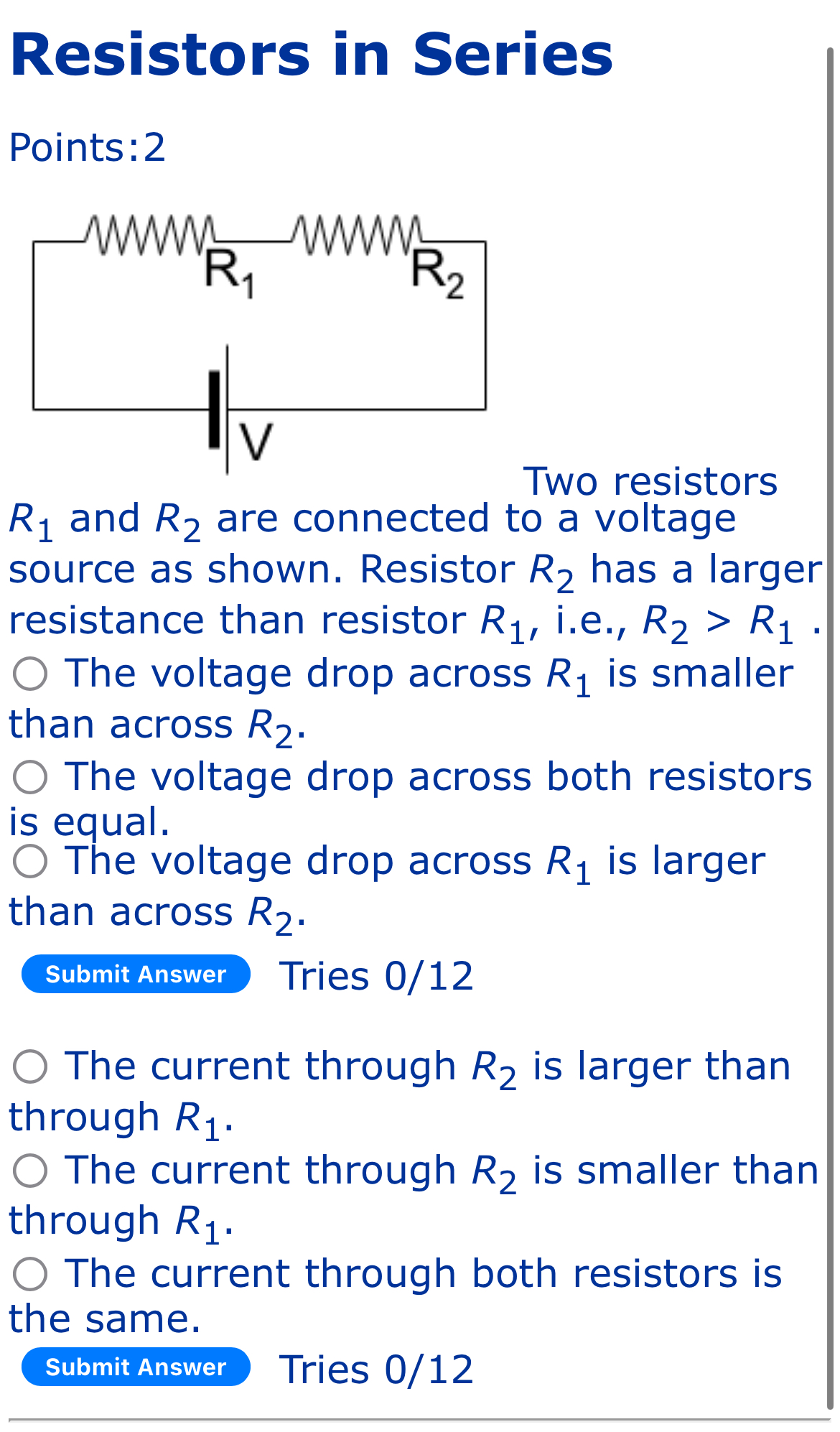 Solved Resistors in SeriesPoints:2iwo resistors R1 ﻿and R2 | Chegg.com
