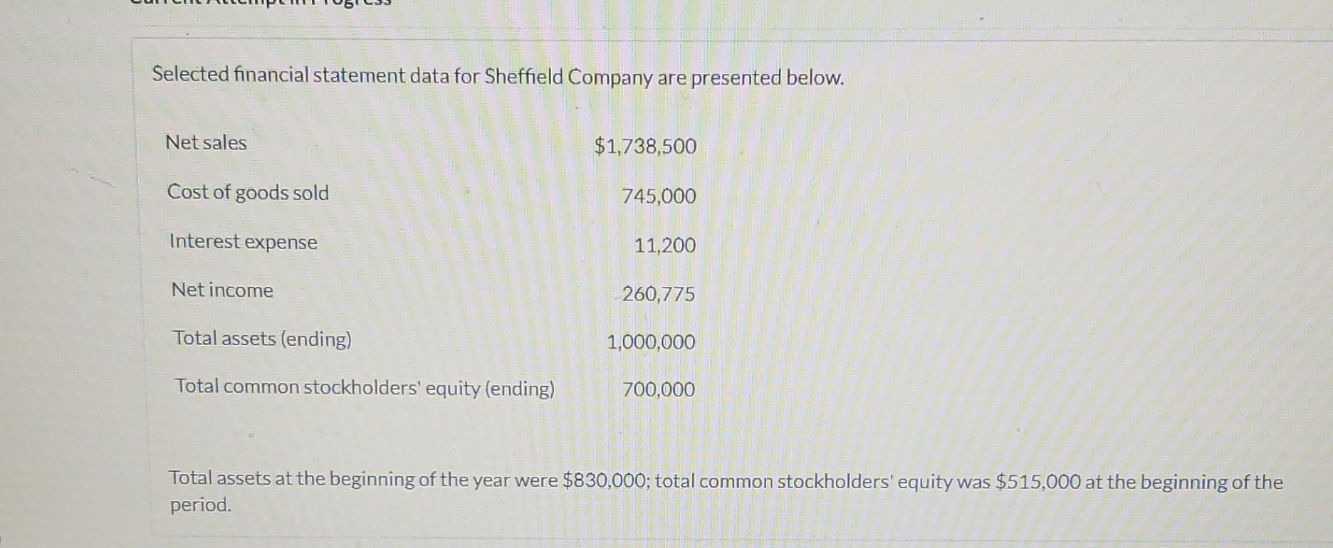 Solved Selected financial statement data for Sheffield | Chegg.com