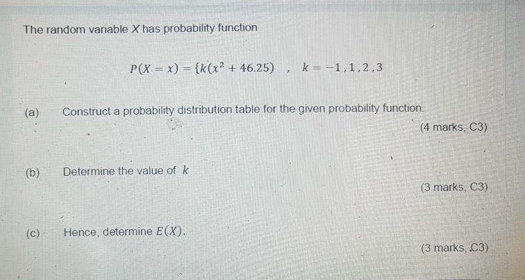 Solved The random variable X has probability function P(X = | Chegg.com