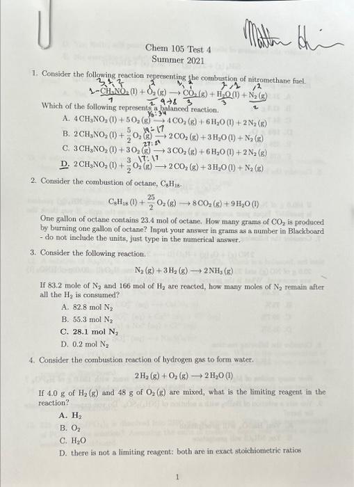 Solved Chem 105 Test 4 Summer 2021 1. Consider the following | Chegg.com