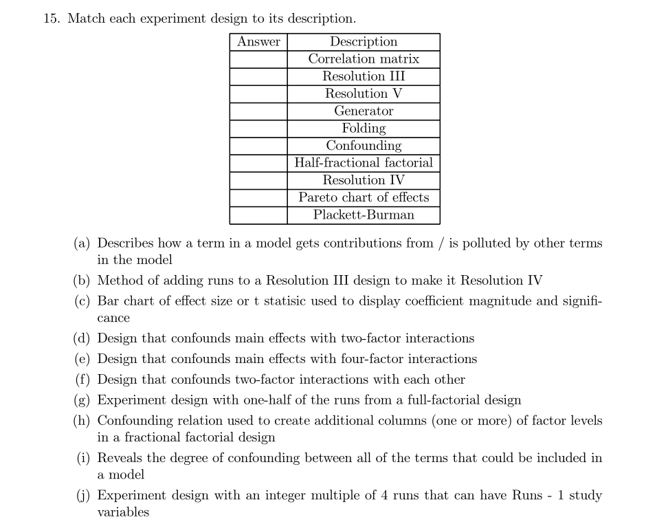Solved Match each experiment design to its description.(a) | Chegg.com