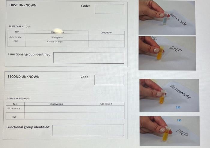 Solved FIRST UNKNOWN Code: dichromate TESTS CARRIED OUT Test | Chegg.com
