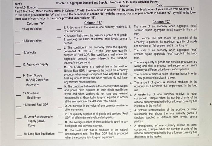 Solved Part 2. Matching: Match the Key terms in Column "A" | Chegg.com