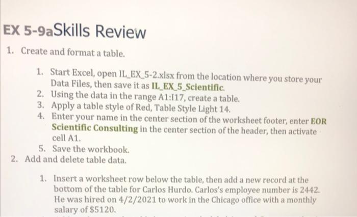 Solved 1. Create and format a table. 1. Start Excel, open | Chegg.com
