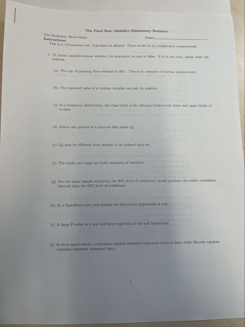 Solved The Final Test: Math311 ﻿Elementary StatisticsThe | Chegg.com