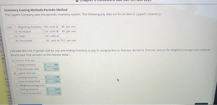 Solved Inventory Costing Methods-Periodic Method The Lippert | Chegg.com