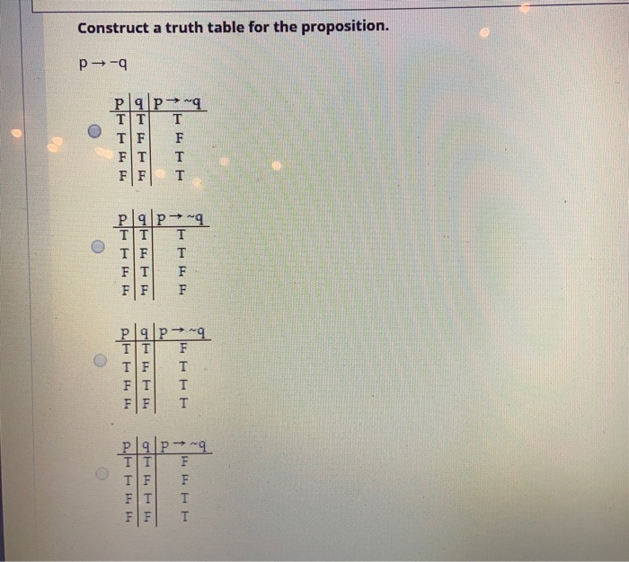 Solved Construct a truth table for the proposition. p--q | Chegg.com