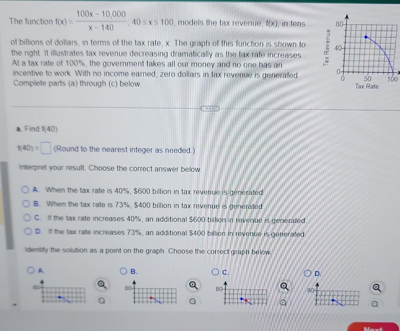Solved The function f(x)=x−140100x−10,000,40≤x≤100, models | Chegg.com