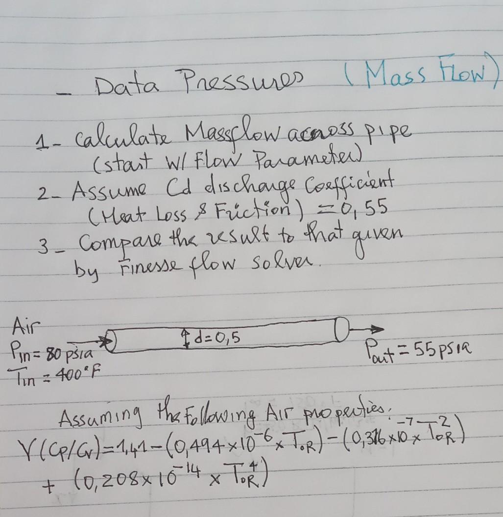 Data Pressures l Mass Flow) 1- calculate Massflow | Chegg.com