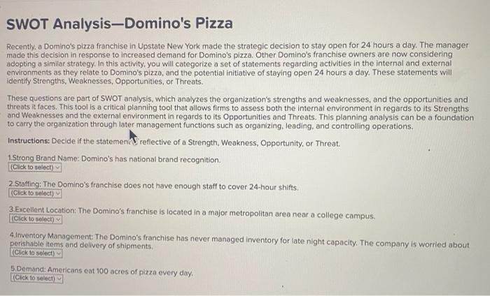 Solved SWOT Analysis-Domino's Pizza Recently, a Domino's | Chegg.com