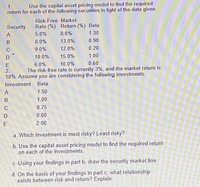 Solved 1. Use the capital asset pricing model to find the | Chegg.com
