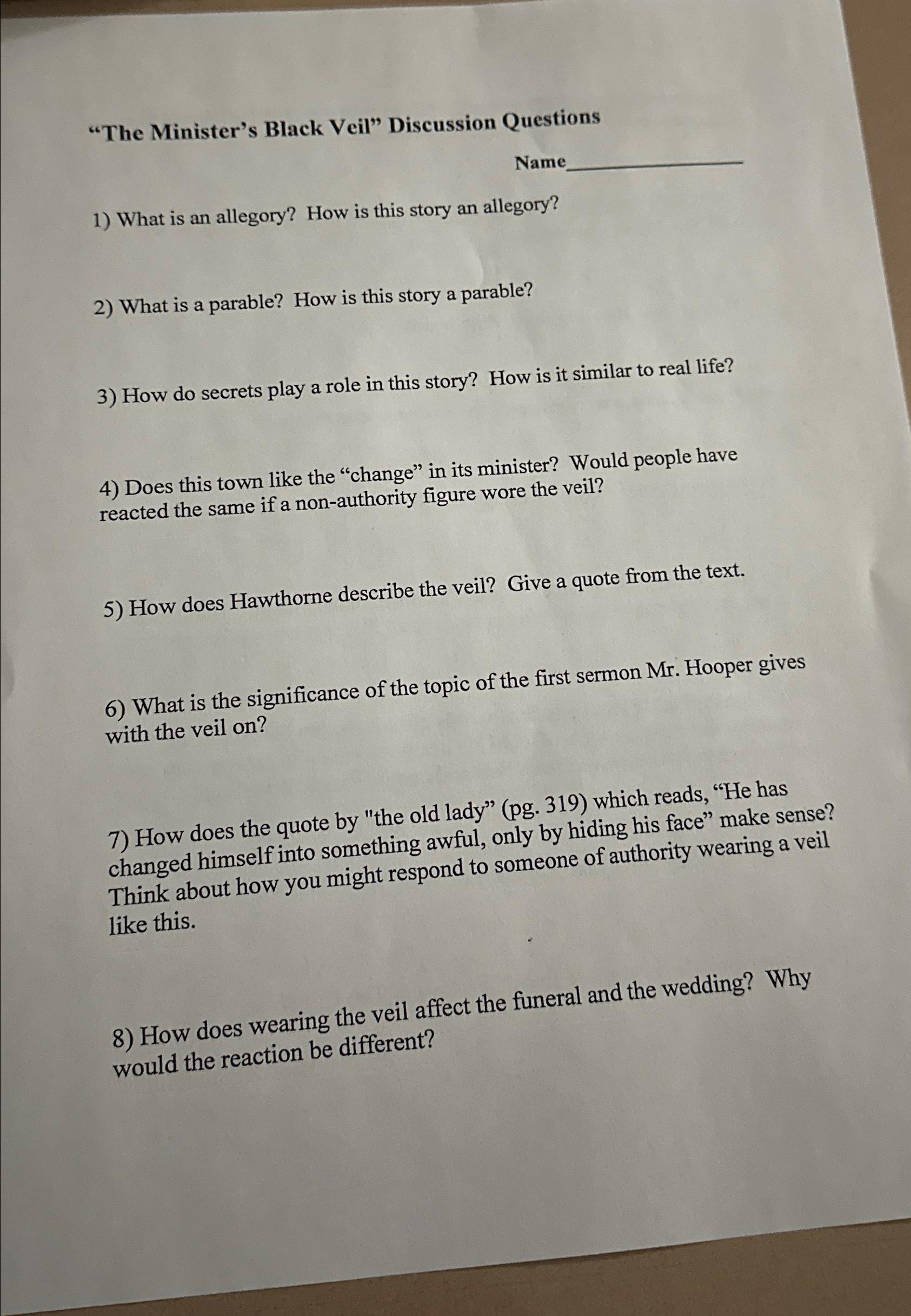 Solved “The Minister's Black Veil" Discussion | Chegg.com