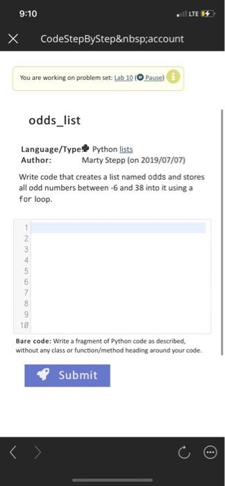 Solved 9:10 Ĩ LTE 14 х CodeStepByStep account You are | Chegg.com