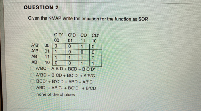 Solved QUESTION 2 Given the KMAP, write the equation for the | Chegg.com