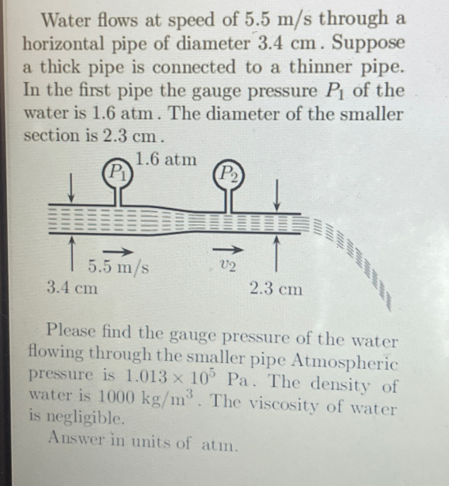 Solved Water flows at speed of 5.5ms ﻿through a horizontal | Chegg.com