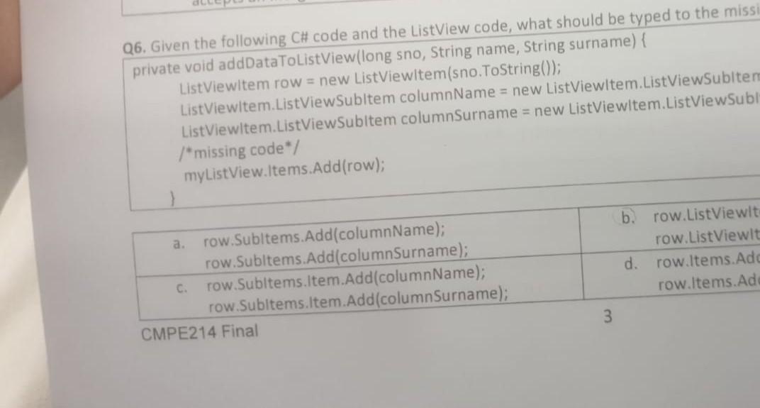Q6. Given the following C\# code and the ListView | Chegg.com