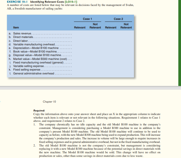 Solved EXERCISE 10-1 ﻿Identifying Relevant Costs [LO10-1]A | Chegg.com
