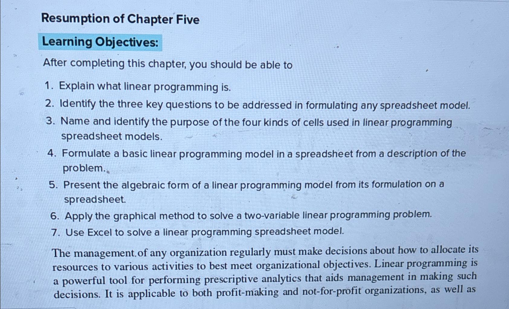 Solved Resumption of Chapter FiveLearning Objectives:After | Chegg.com