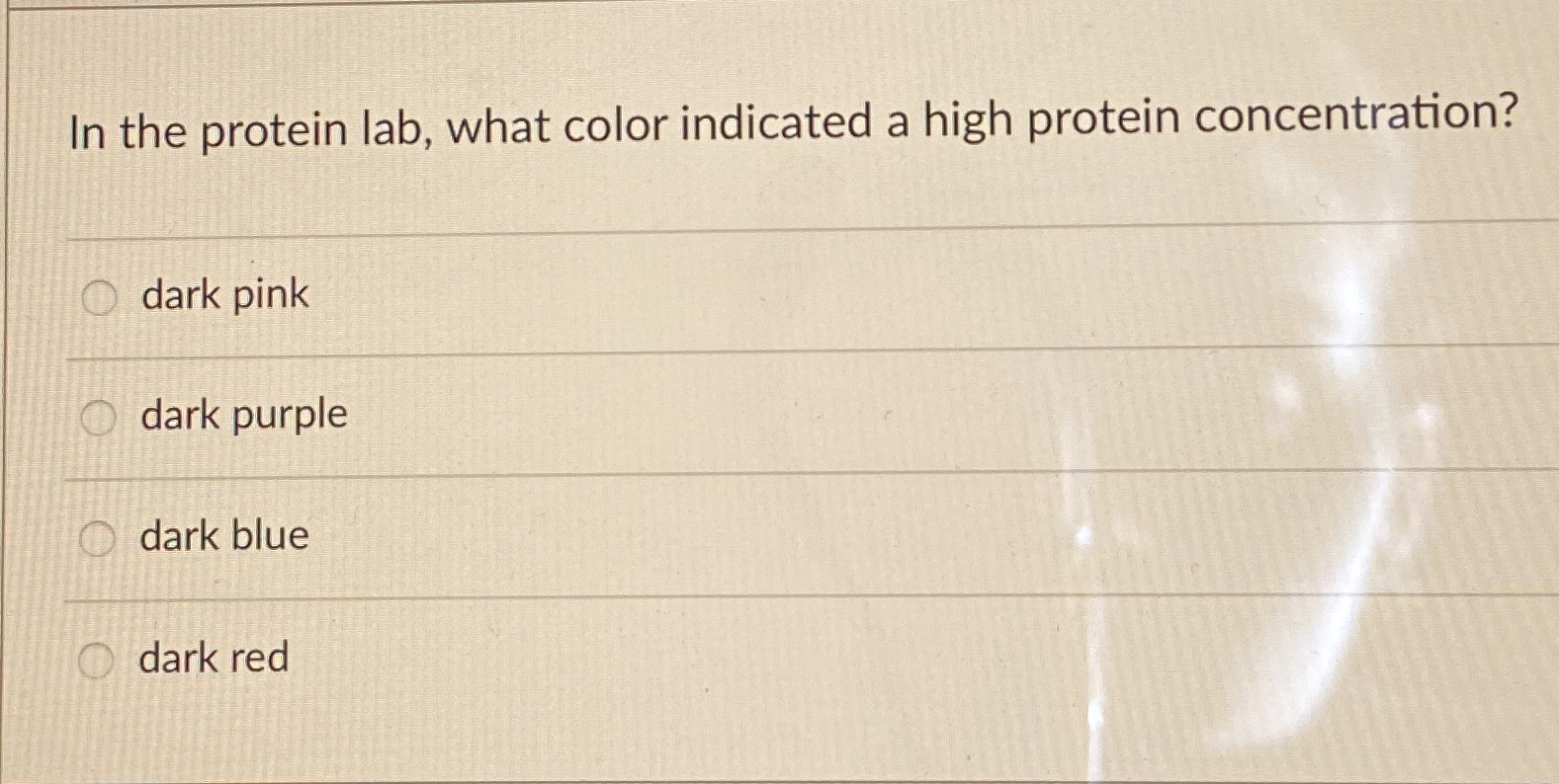 Solved In the protein lab, what color indicated a high | Chegg.com