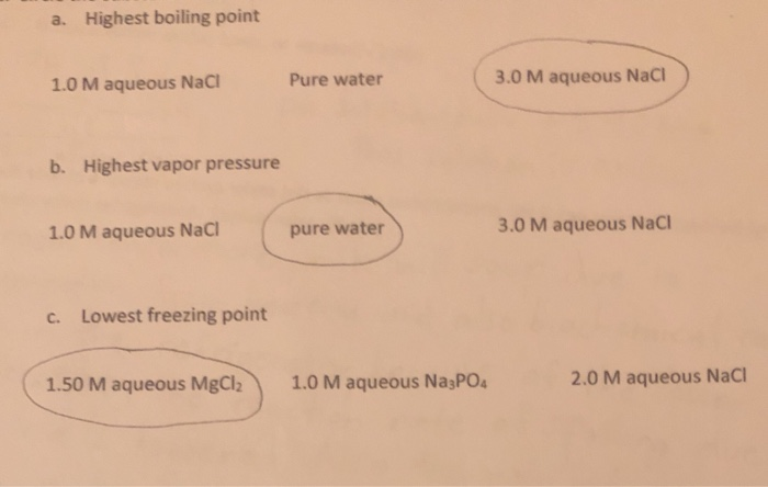 Solved a. Highest boiling point 1.0 M aqueous NaCl Pure | Chegg.com