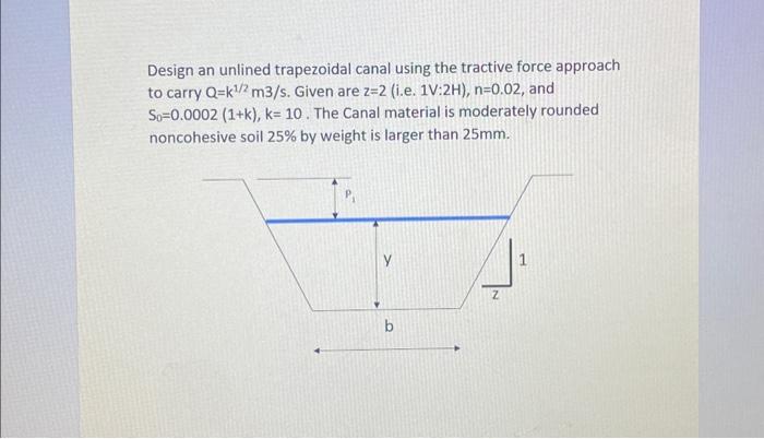 Solved Design an unlined trapezoidal canal using the | Chegg.com