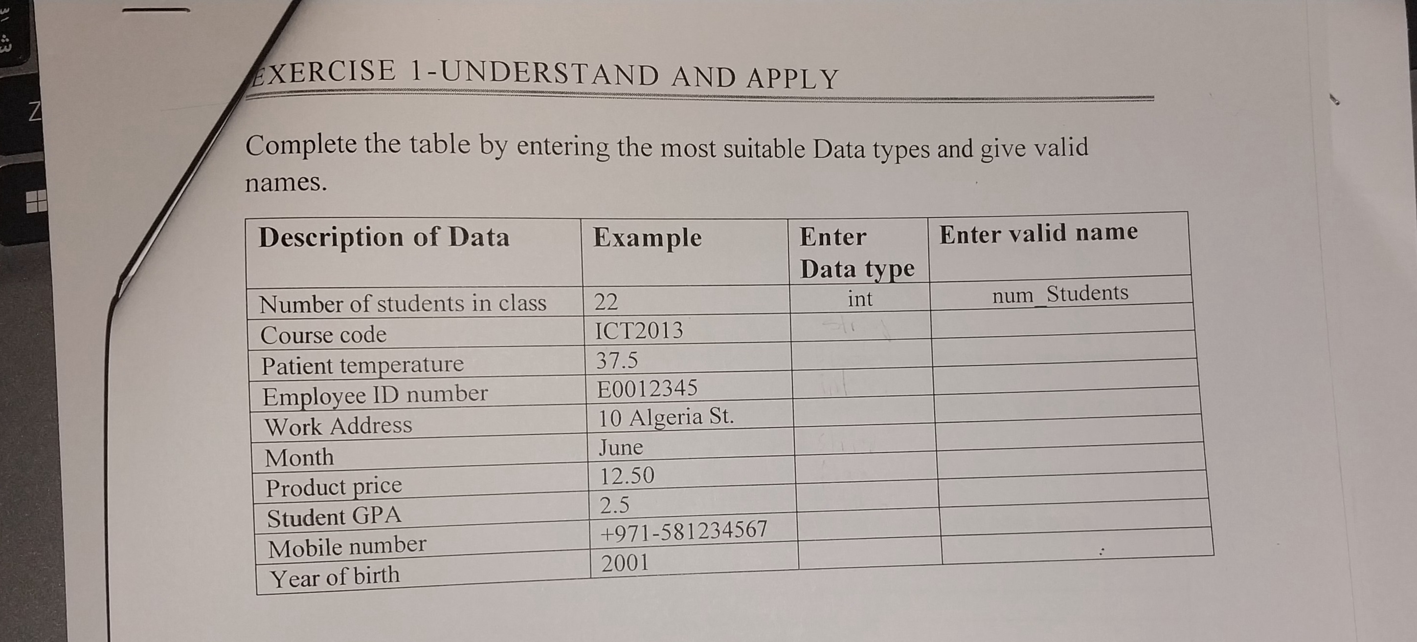 Solved EXERCISE 1 -UNDERSTAND AND APPLYComplete the table by | Chegg.com