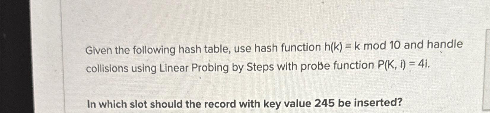 Solved Given the following hash table, use hash function | Chegg.com