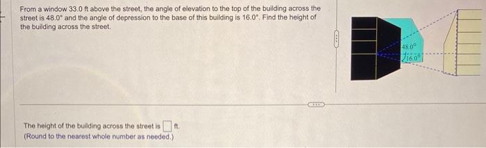 Solved From a window 33.0ft above the street, the angle of | Chegg.com