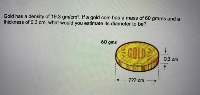 Solved Gold has a density of 19.3 gm/cm3. If a gold coin has | Chegg.com