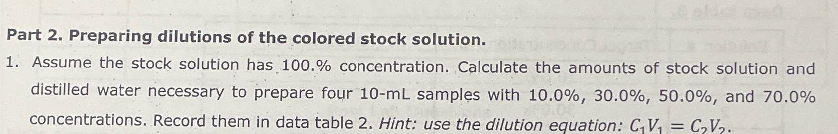 Solved Part 2. ﻿Preparing dilutions of the colored stock | Chegg.com