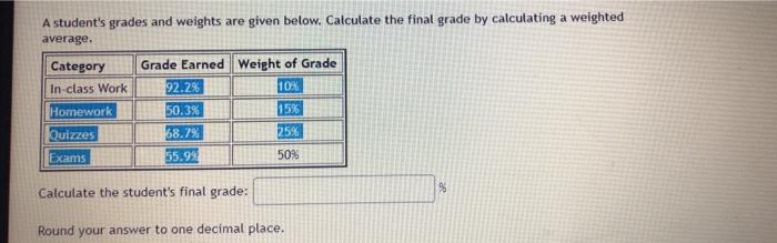 Solved A student's grades and weights are given below. | Chegg.com