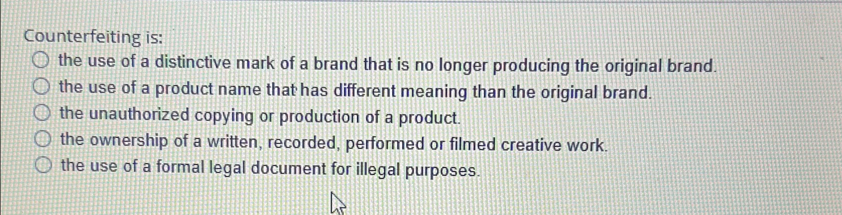 Solved Counterfeiting is:the use of a distinctive mark of a | Chegg.com