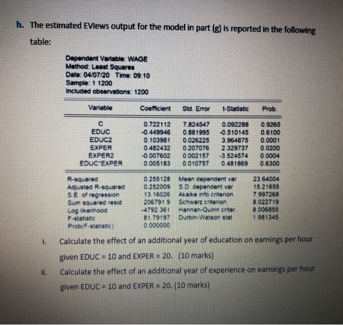Solved h. The estimated EViews output for the model in part | Chegg.com