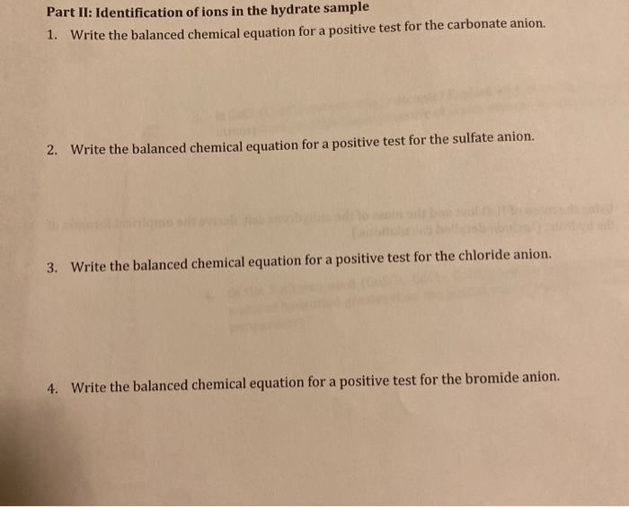 Solved Part II: Identification of ions in the hydrate sample | Chegg.com