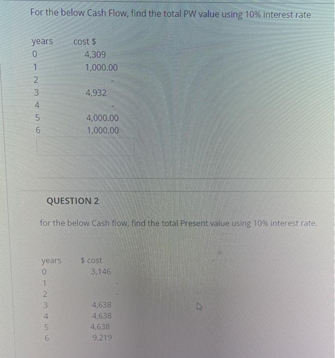 Solved For the below Cash Flow, find the total PW value | Chegg.com