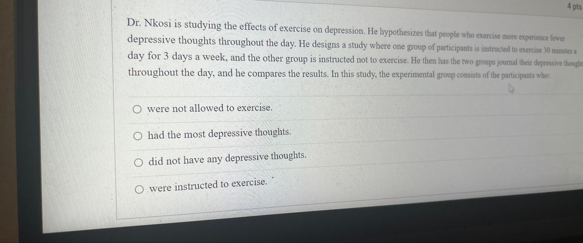 Solved Dr. ﻿Nkosi is studying the effects of exercise on | Chegg.com
