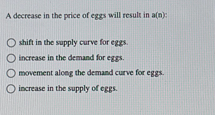 Solved A decrease in the price of eggs will result in | Chegg.com