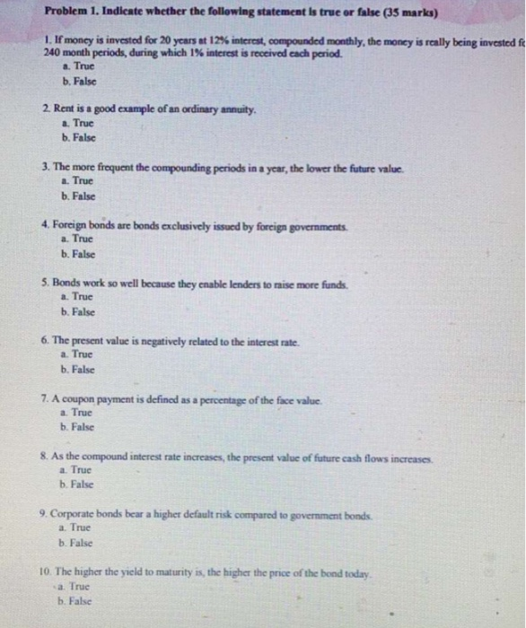 Solved Problem 1. Indicate whether the following statement | Chegg.com