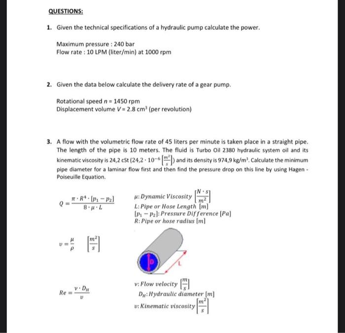 Solved 1. Given the technical specifications of a hydraulic | Chegg.com