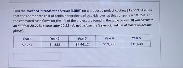 Solved Find the modified internal rate of return (MIRR) for | Chegg.com