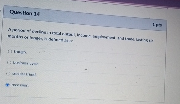 Solved Question 141 ﻿ptsA period of decline in total output, | Chegg.com
