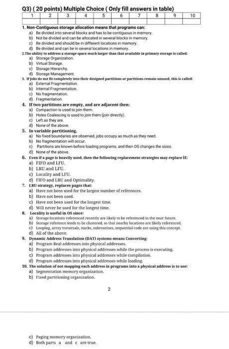 Solved Q3) ( 20 points) Multiple Choice (Onlv fill answers | Chegg.com