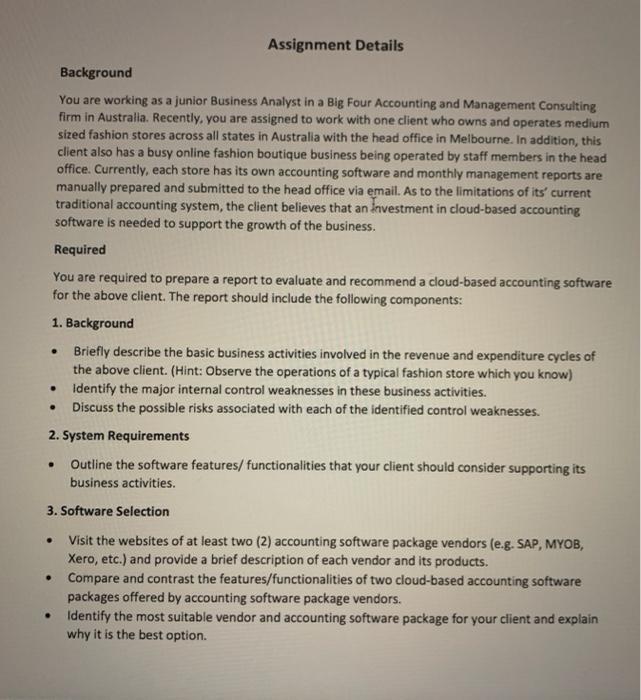 Solved Assignment Details . Background You are working as a | Chegg.com