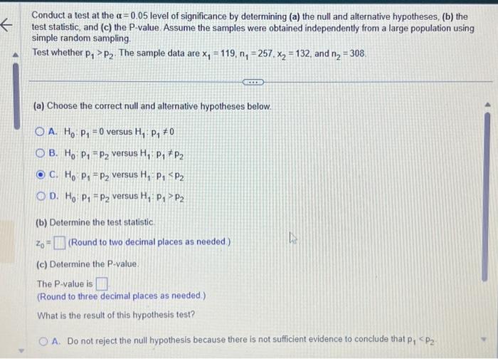 Solved Conduct a test at the α=0.05 level of significance by | Chegg.com