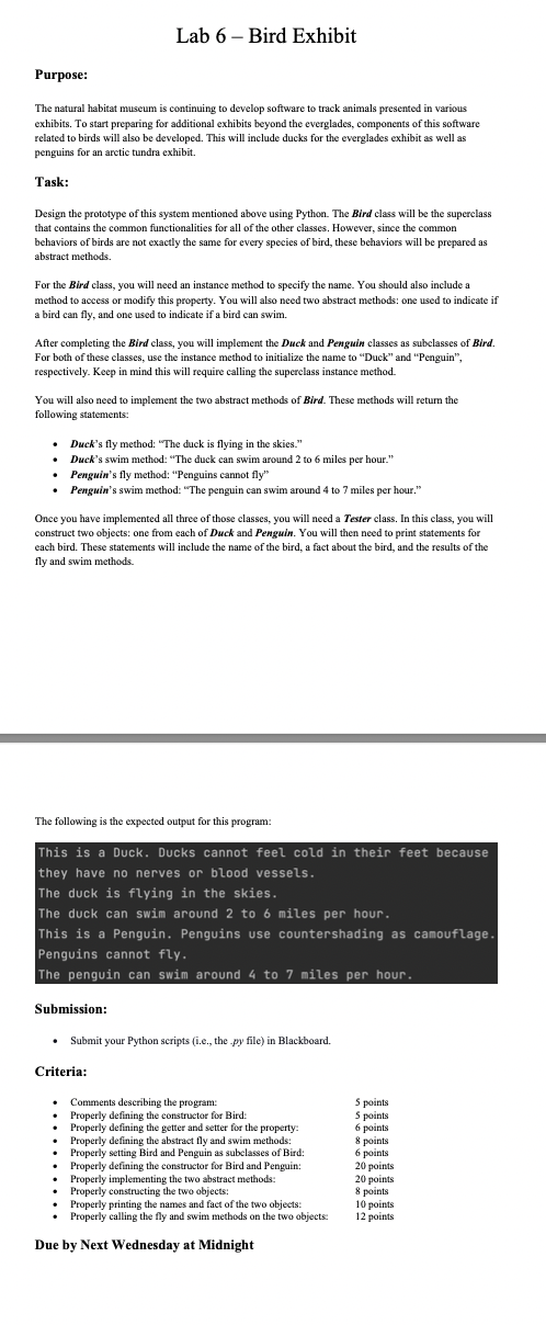 Solved Lab 6 - ﻿Bird ExhibitPurpose:The natural habitat | Chegg.com