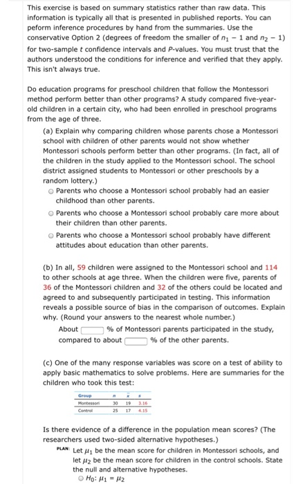 Solved This exercise is based on summary statistics rather | Chegg.com