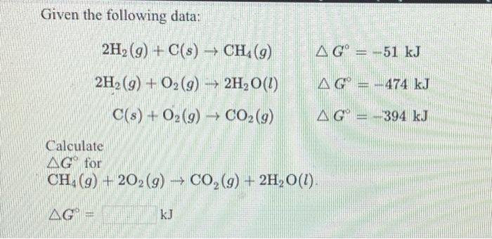 Solved Given the following data: 2H, (9) + C(s) + CH (9) AG= | Chegg.com