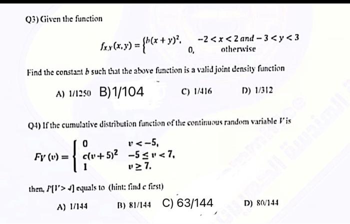 Q3) Given the function fx,y(x,y)={b(x+y)2,0,−24] | Chegg.com