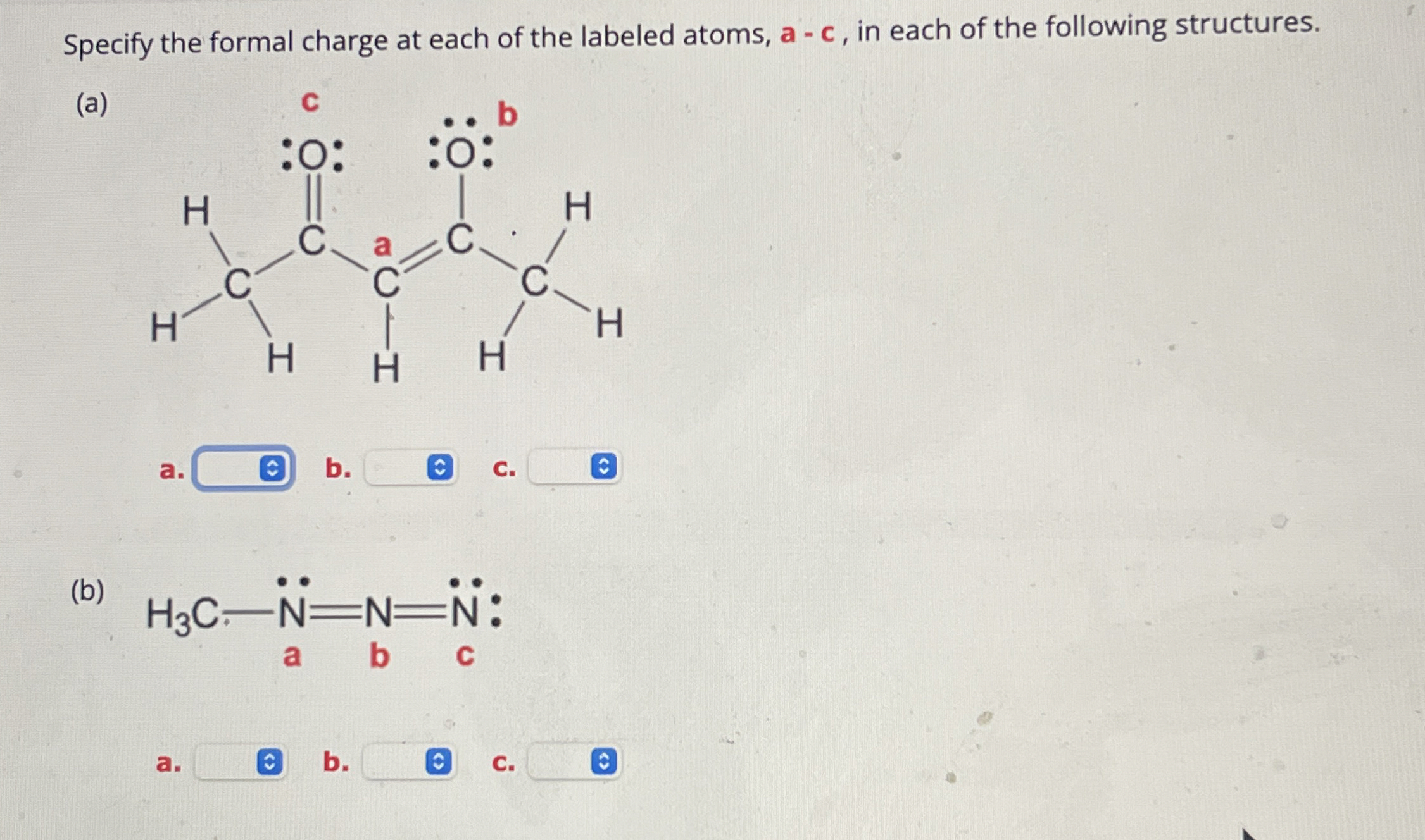 Solved Specify the formal charge at each of the labeled | Chegg.com