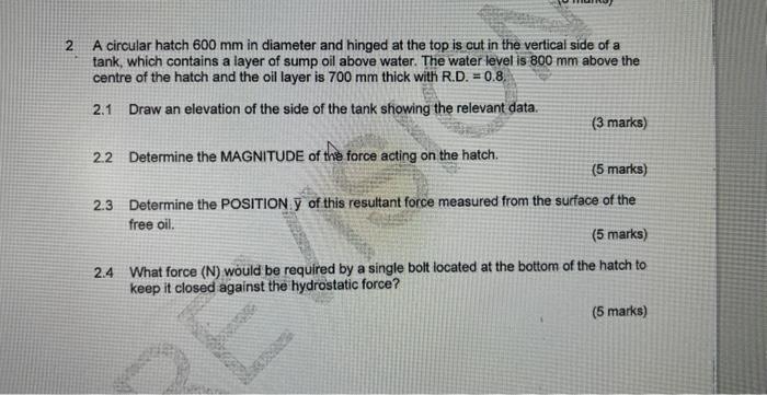 Solved 2. A circular hatch 600 mm in diameter and hinged at | Chegg.com